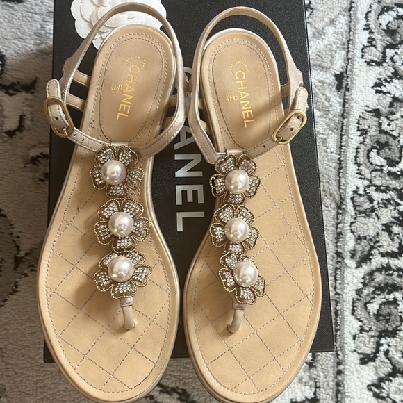 CHANEL | Shoes | Gorgeous Chanel Flat Sandals Beige Satin Flowers ...